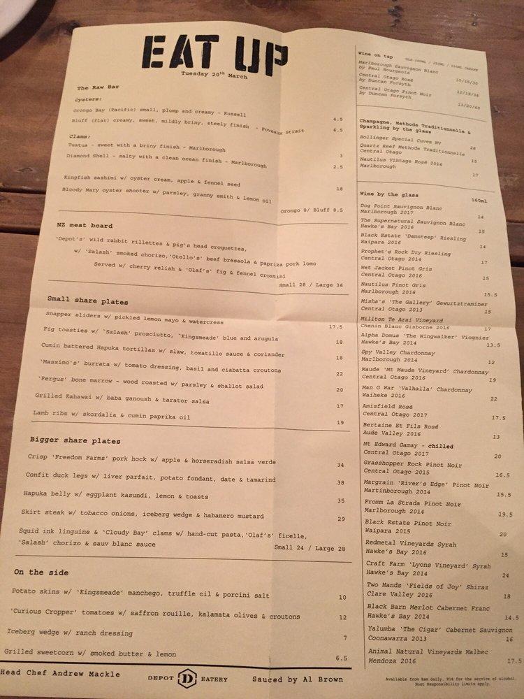 Menu at Depot restaurant, Auckland