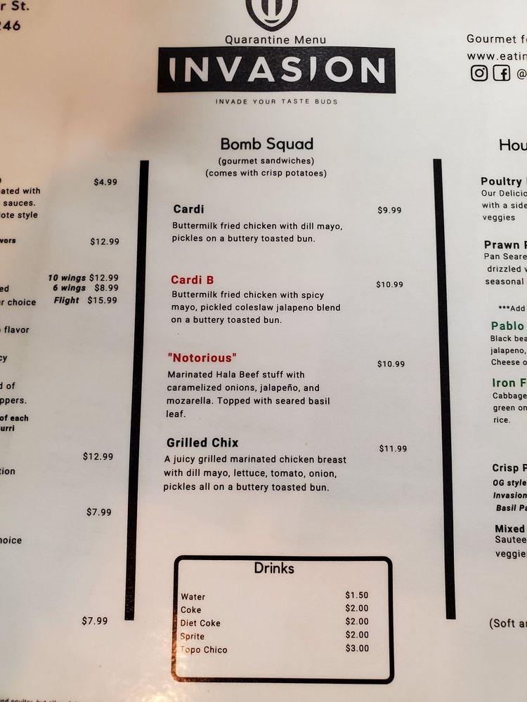 Menu at INVASION restaurant, Dallas
