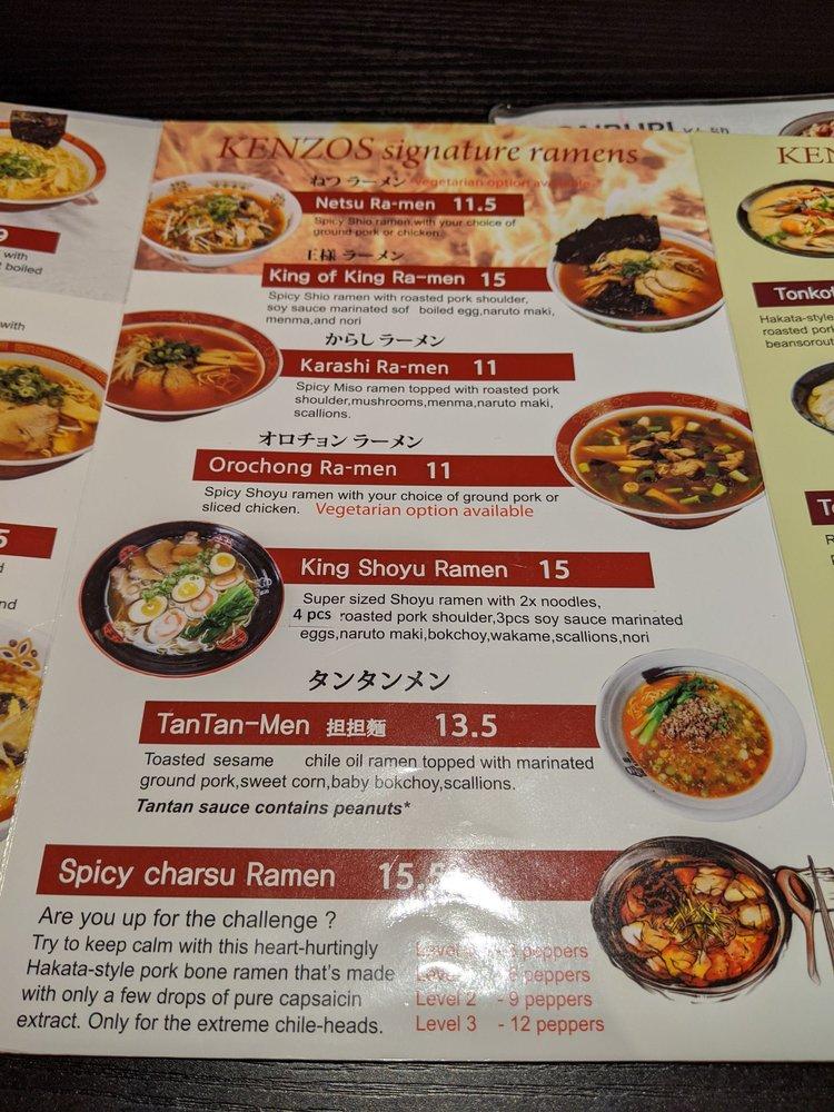 Menu at Kenzo Ramen restaurant, Oshawa, 24 King St E
