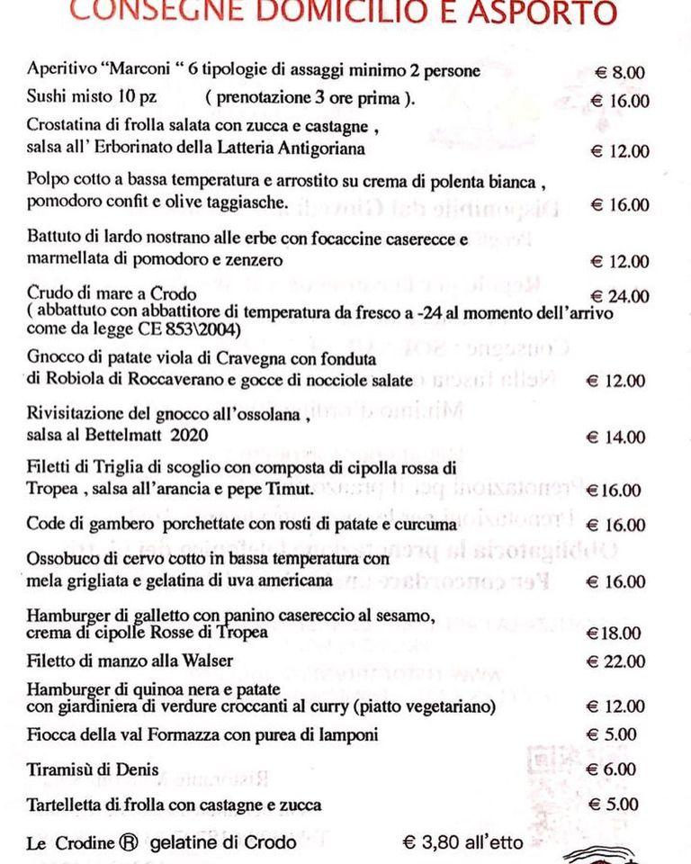 Menu at Marconi restaurant, Crodo