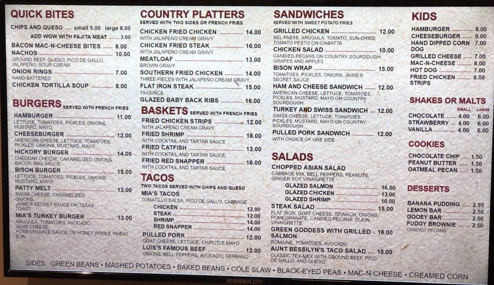 Menu at Mia's Table restaurant, Houston, Argonne St