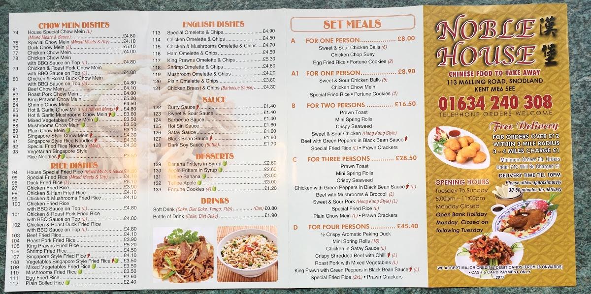 Menu at Noble House restaurant, Snodland, 113 Malling Rd
