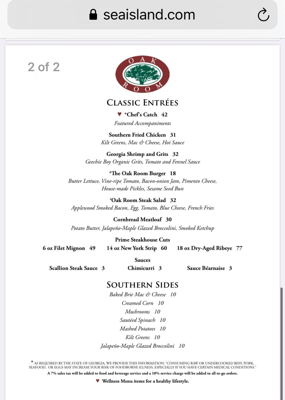Menu at Oak Room restaurant, Saint Simons Island