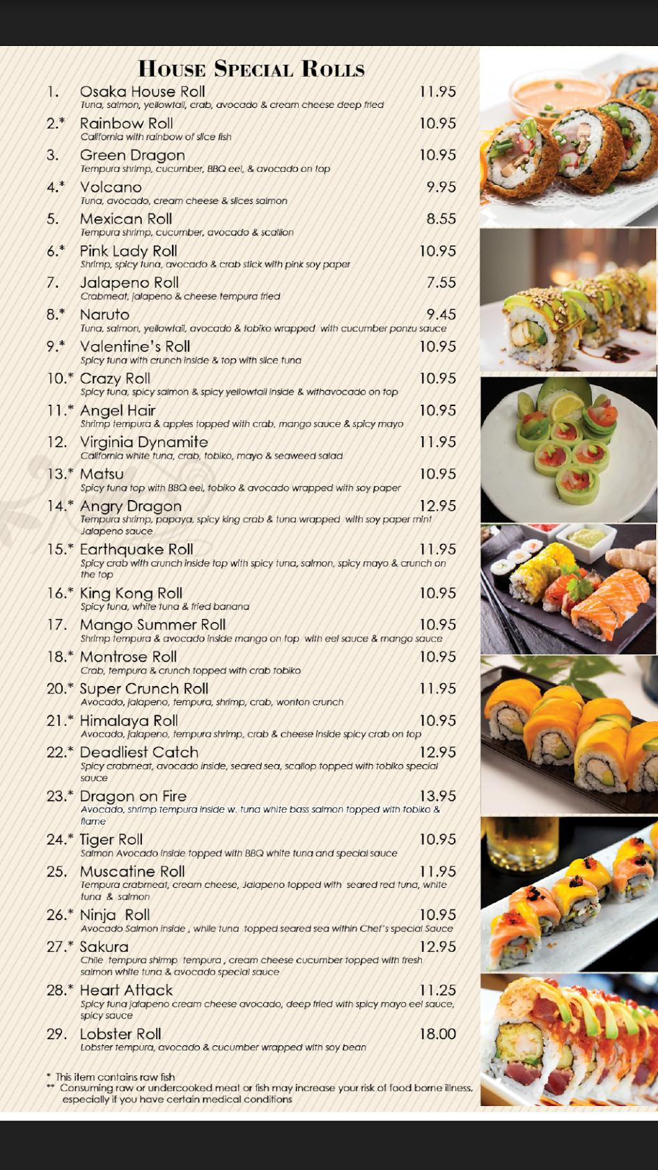 Menu at Osaka steakhouse and sushi bar, Muscatine