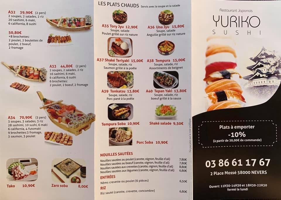 Menu at Yuriko restaurant, Nevers