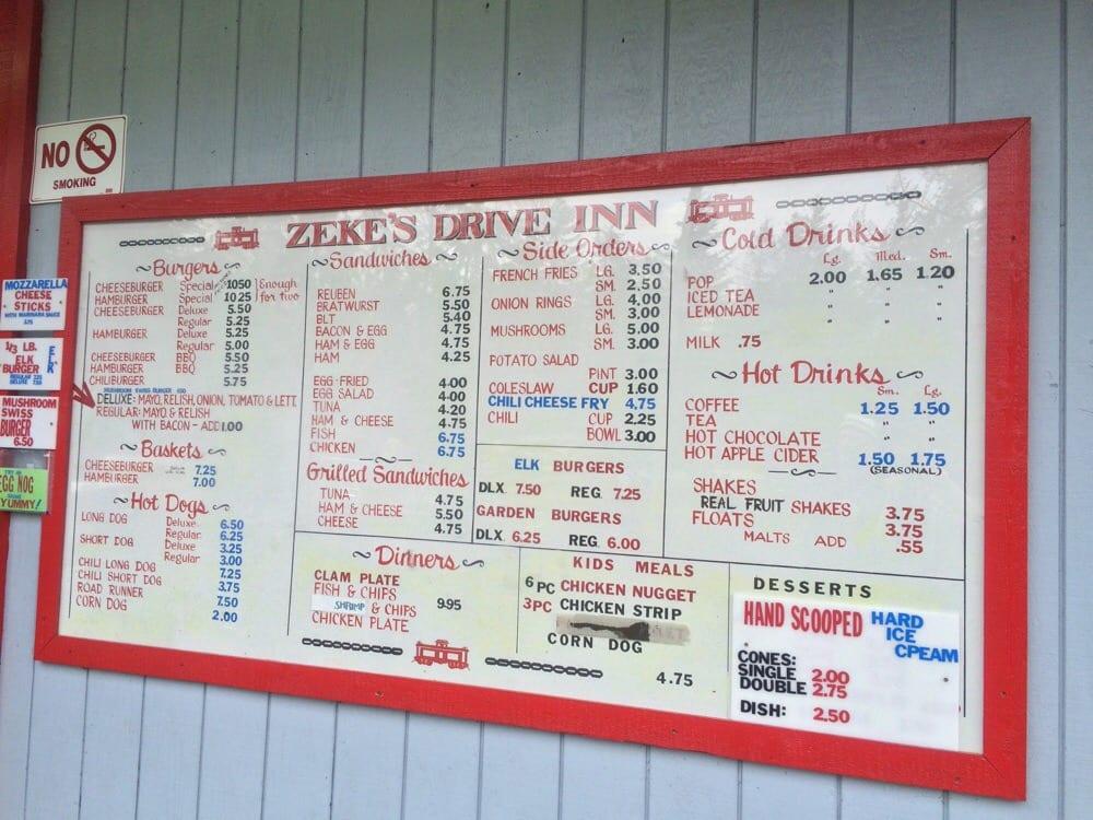 Menu at Zeke's Drive In restaurant, May Creek, US-2