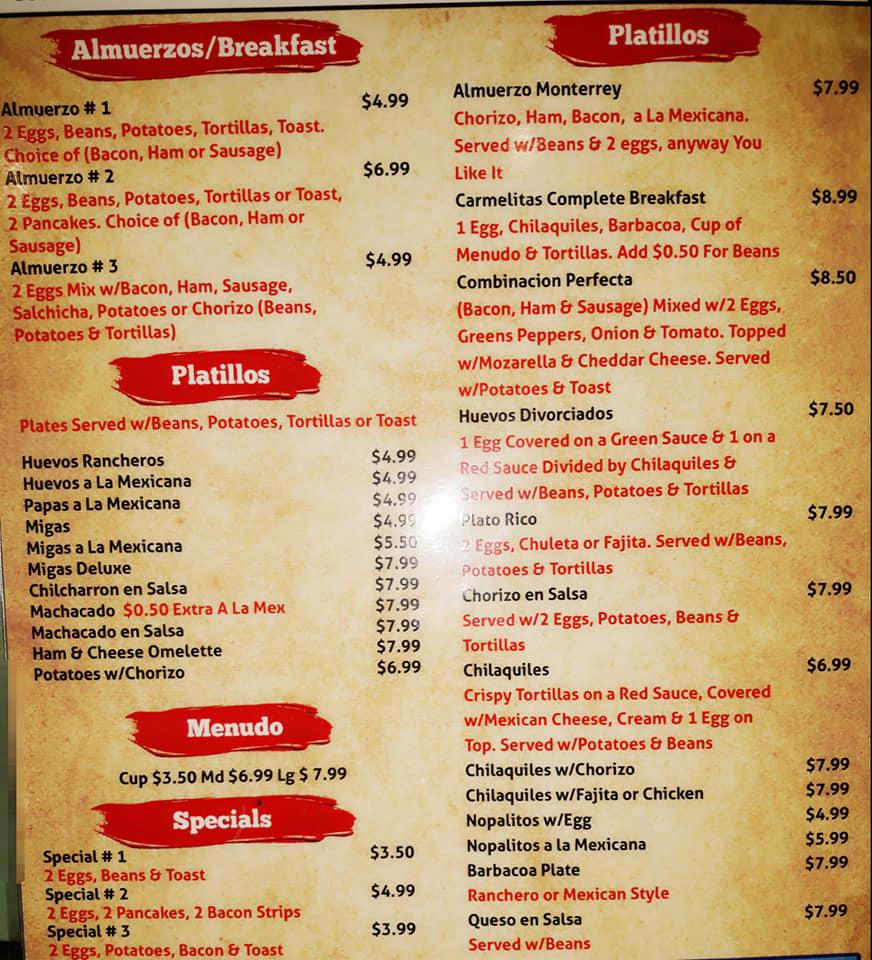Menu at Carmelitas Restaurant, Edinburg