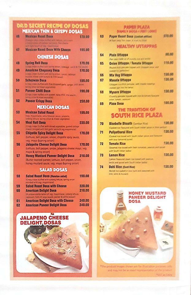 Menu at Dosa plaza, Kalka