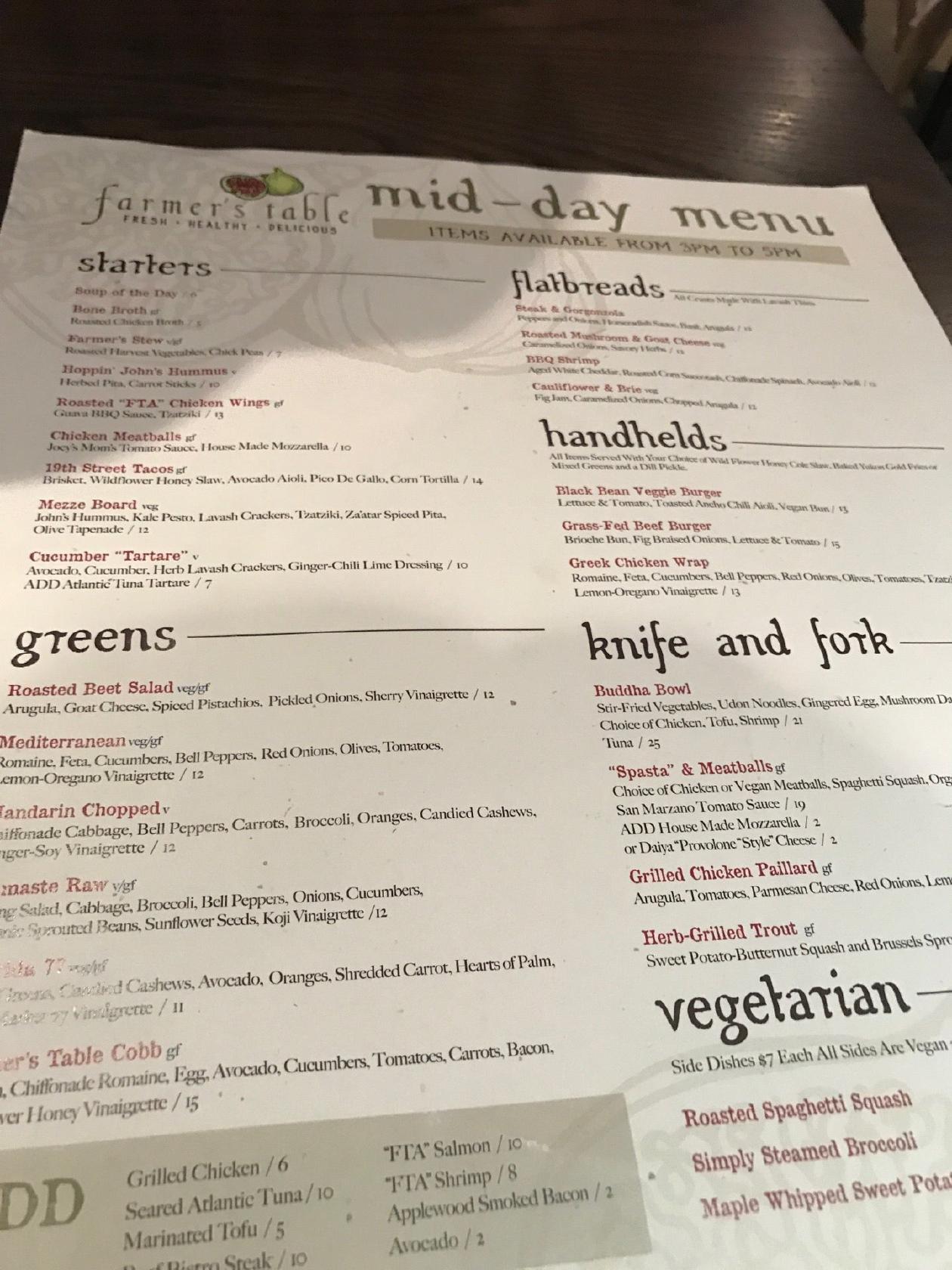 Menu at Farmer's Table pub & bar, Boca Raton