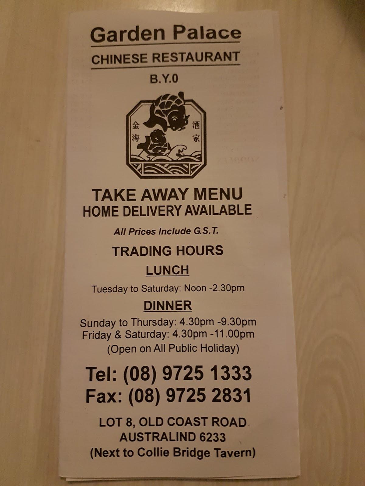 Carta de Garden Palace Chinese Restaurant, Australind, LOT 8 Old Coast Rd