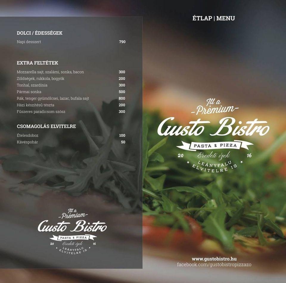 Menu at Gusto Bistro restaurant, Leányfalu