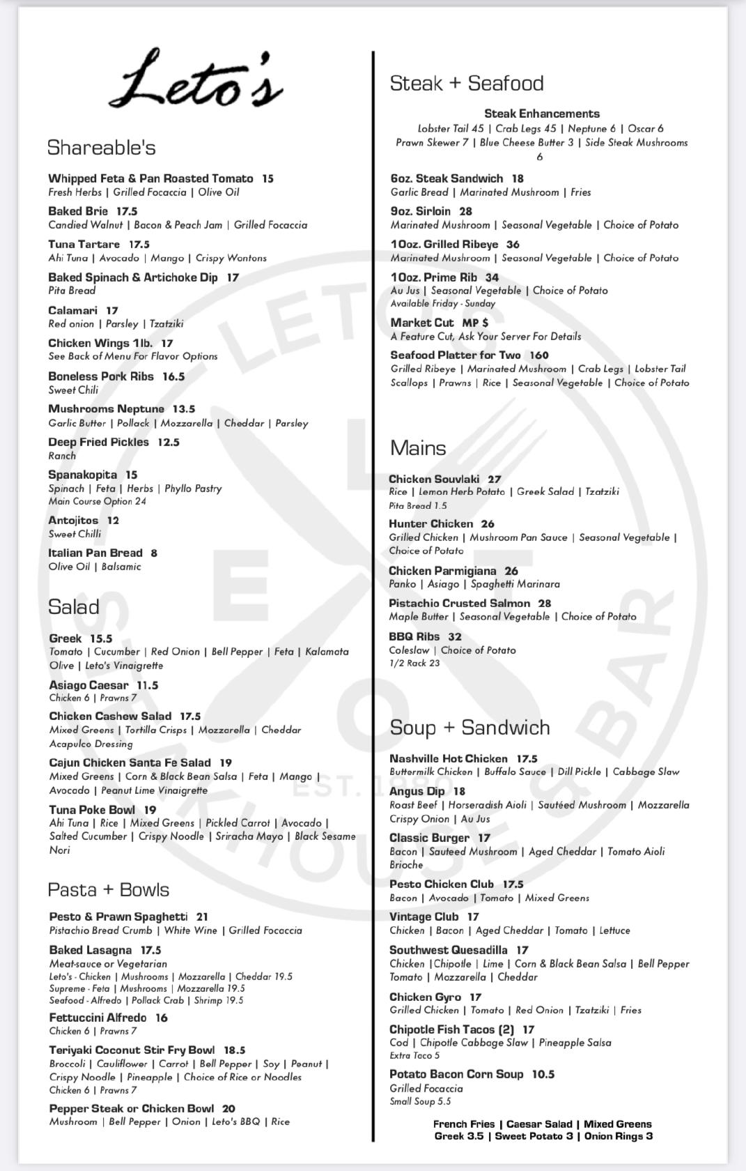 Carta de Leto's Steakhouse & Bar, Lacombe, AB-2A