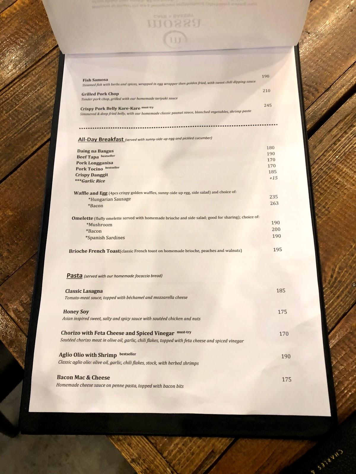 Menu at Mossa Cafe and Bakery, Davao City