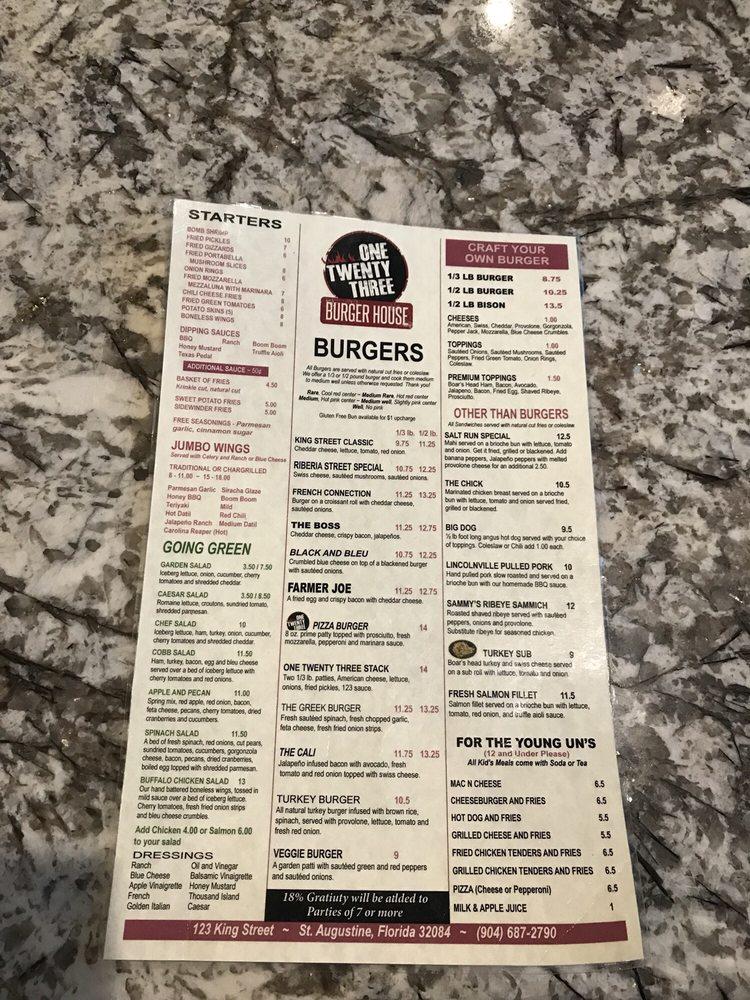 Menu at One Twenty Three Burger House restaurant, St. Augustine