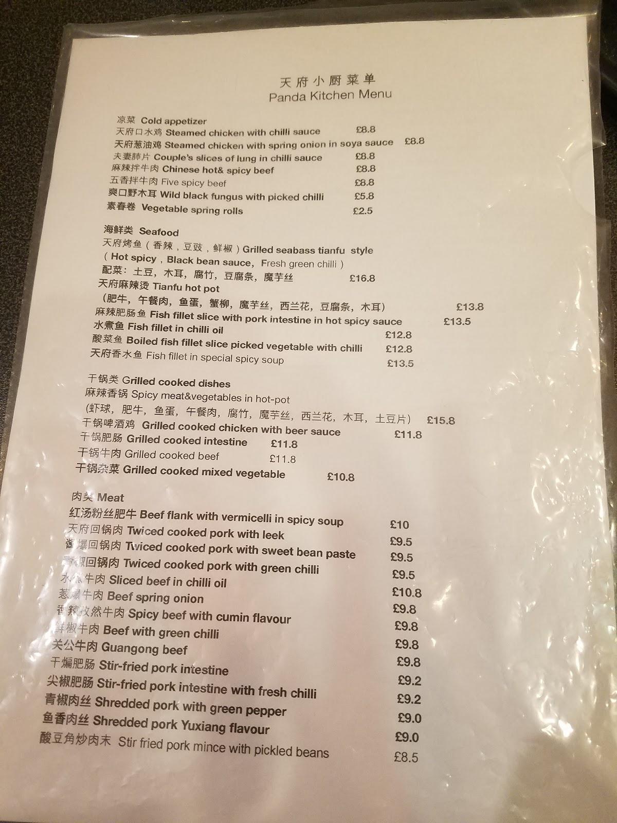 Menu at Panda Kitchen fast food, Edinburgh