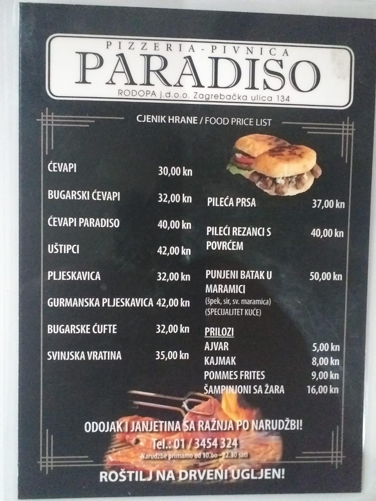 Menu at Pizzeria Paradiso, Dugo Selo