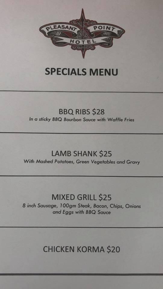 Menu at Pleasant Point Hotel pub & bar, Pleasant Point