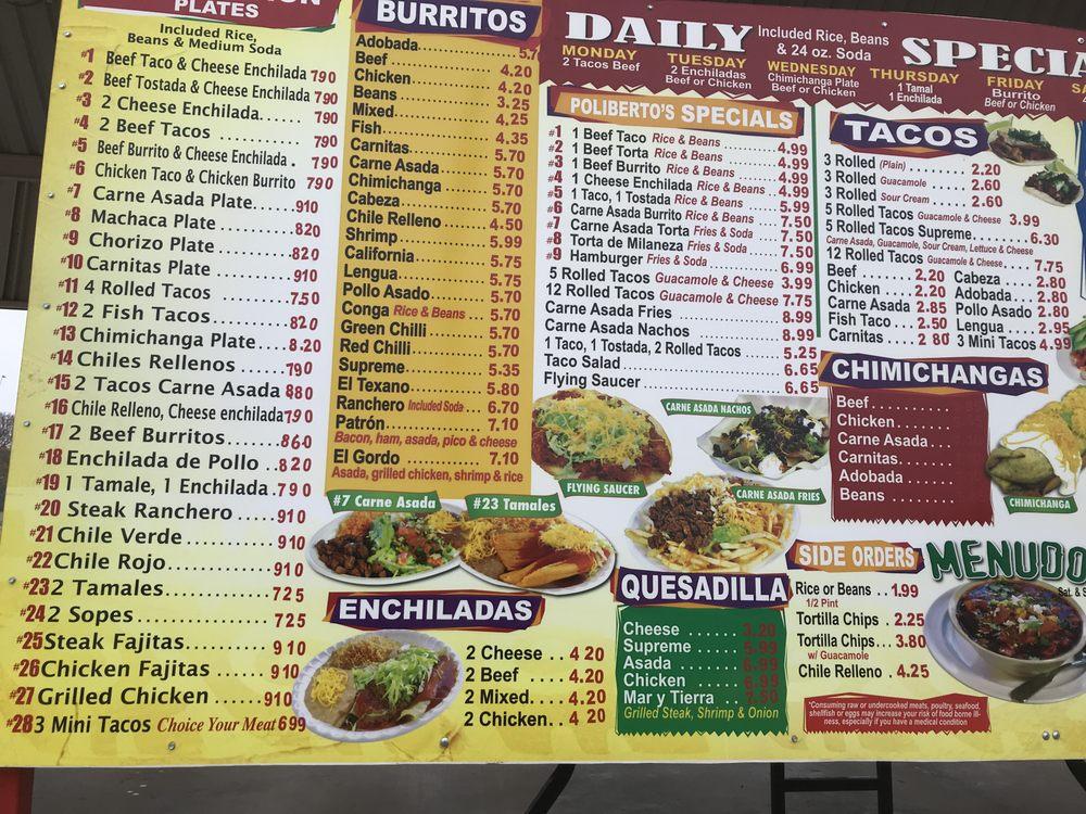 Menu at Polibertos restaurant, Lubbock