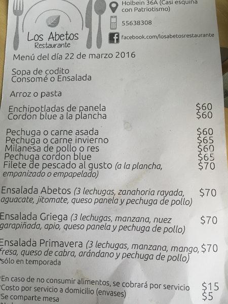 Carta de Restaurante Los Abetos, Ciudad de México