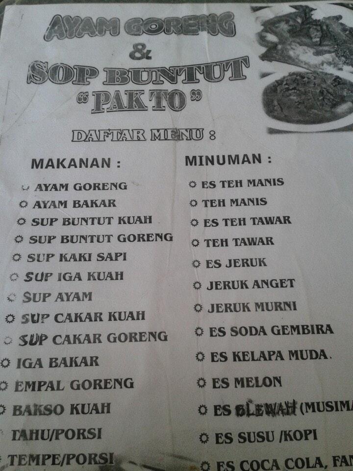 Menu at Sop Buntut, Ayam Goreng & Iga Bakar Pak To restaurant, Semarang