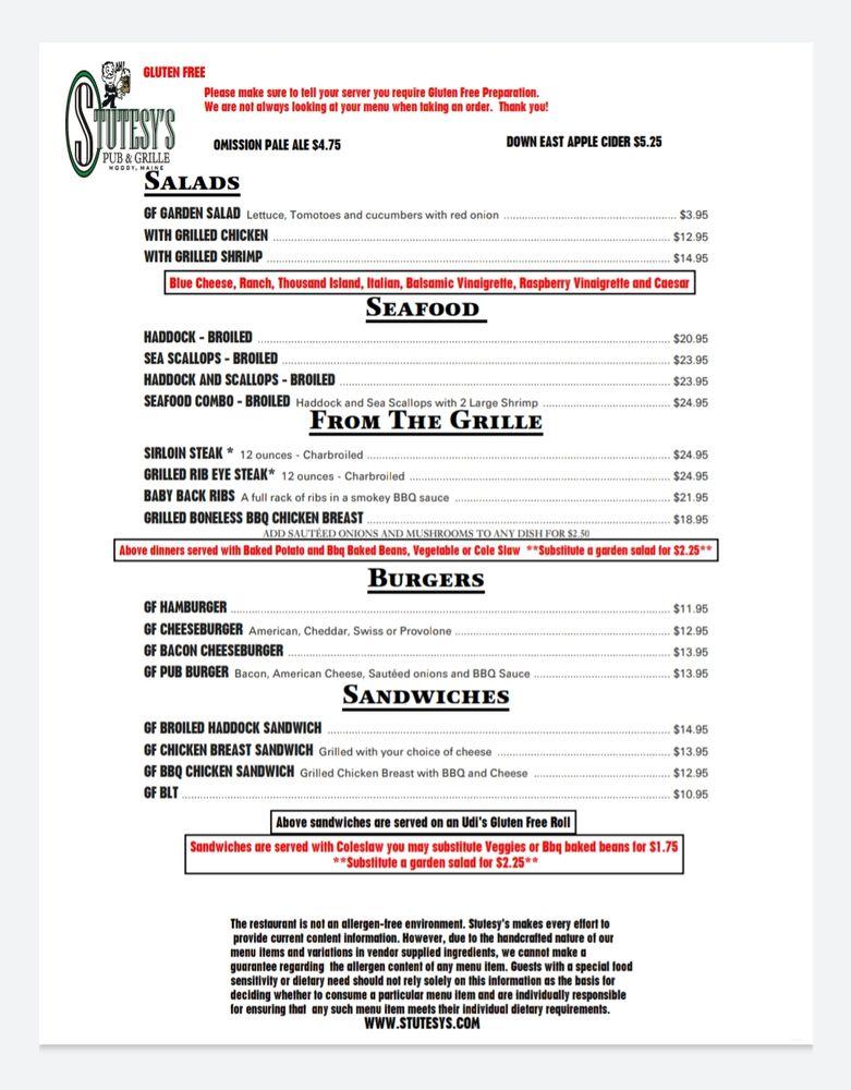 Menu at Stutesys Pub & Grille, Wells