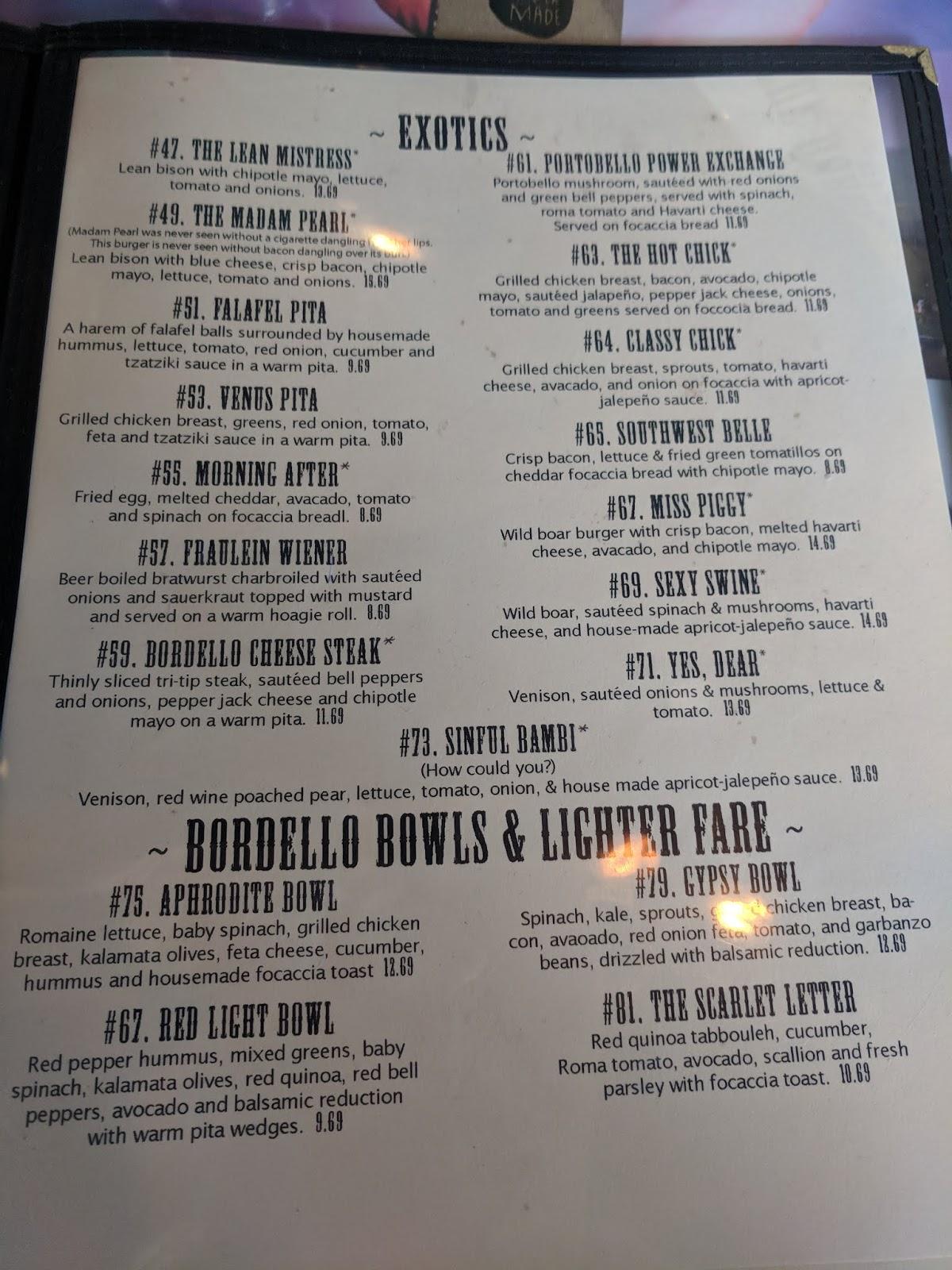 Menu at The Bordello of Jerome restaurant, Jerome