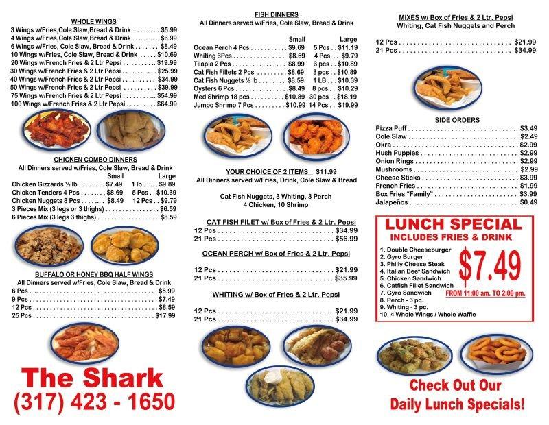 Menu at The Shark restaurant, Indianapolis