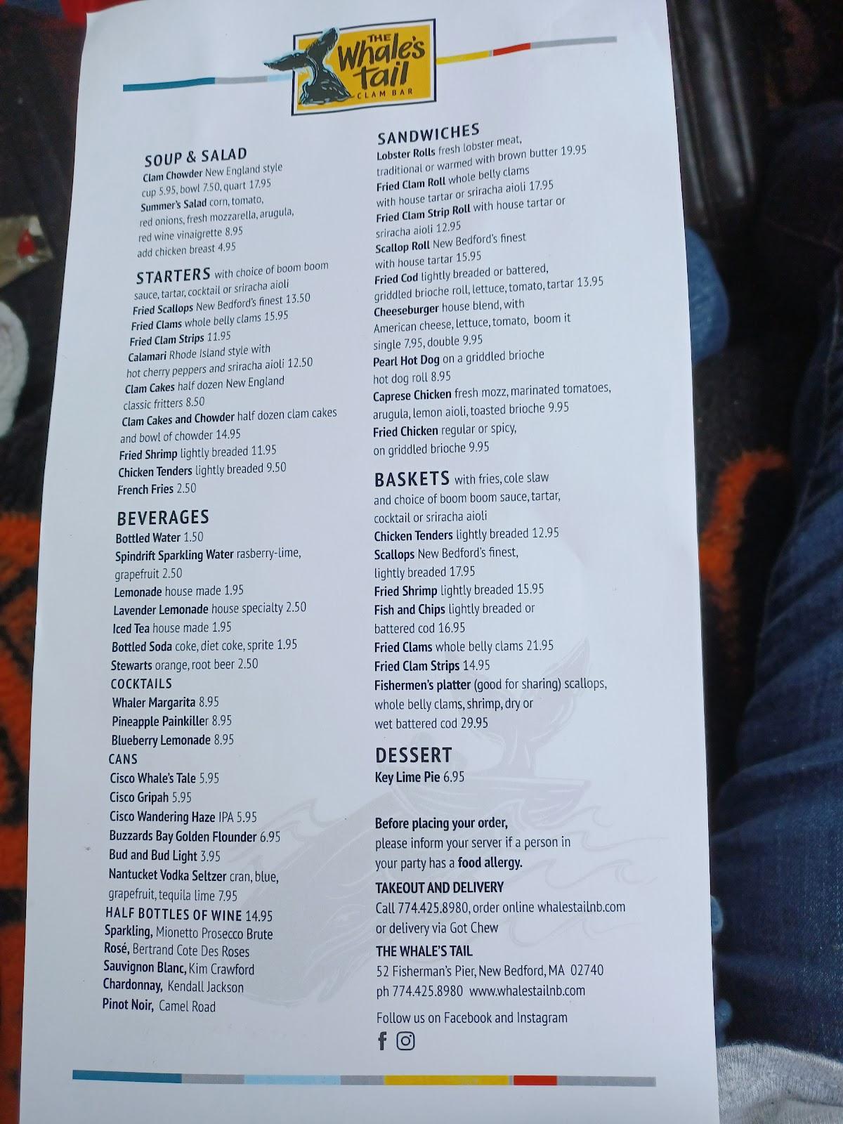 Menu at The Whale's Tail restaurant, New Bedford
