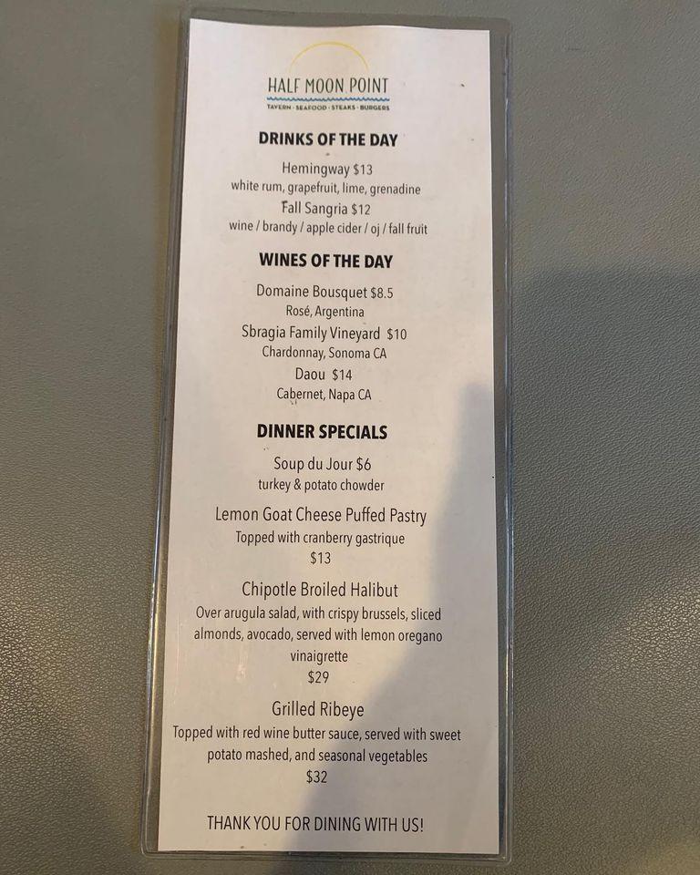 Menu at Half Moon Point Tavern & Grill pub & bar, Point Pleasant