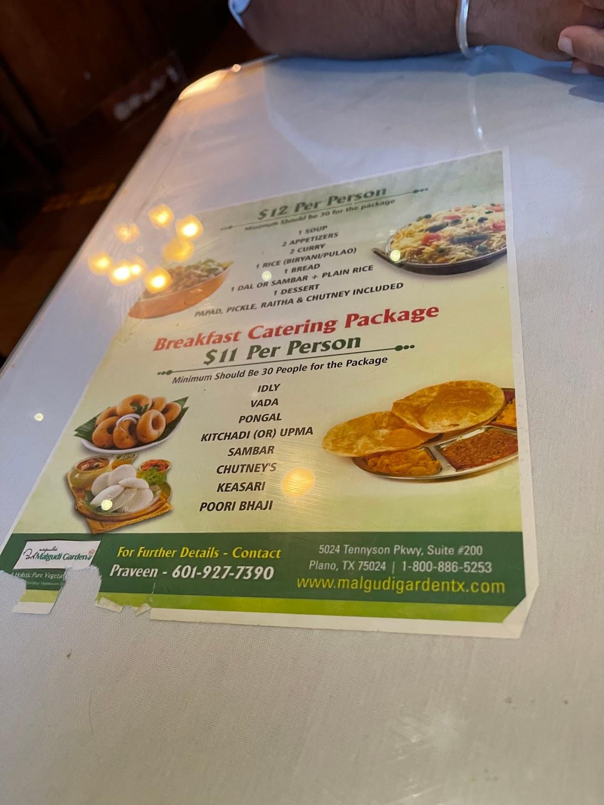 Menu at Malgudi Garden restaurant, Plano
