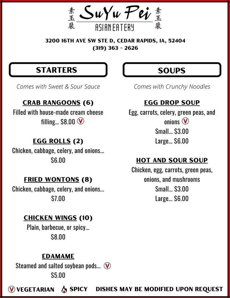 Menu at SuYu Pei restaurant, Cedar Rapids