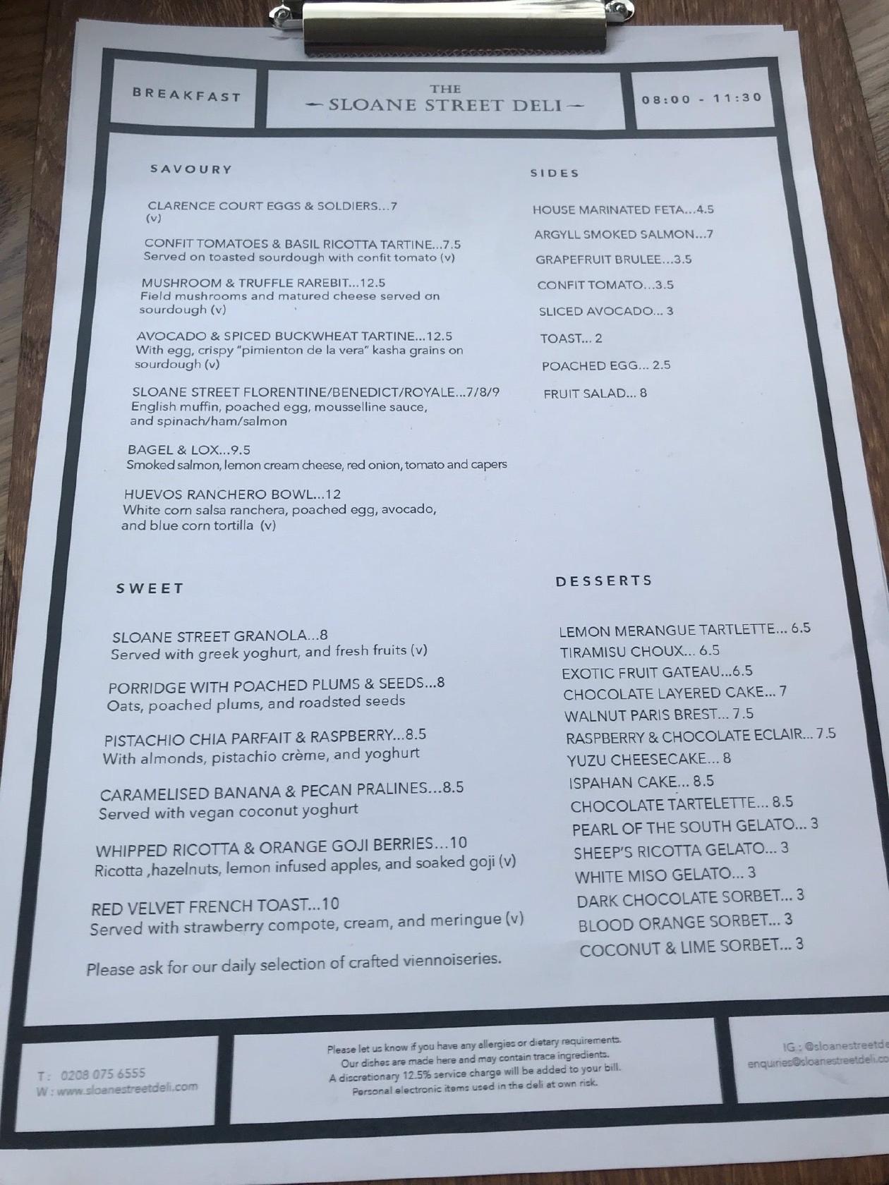 Menu at The Sloane Street Deli cafe, London, 162B Sloane St