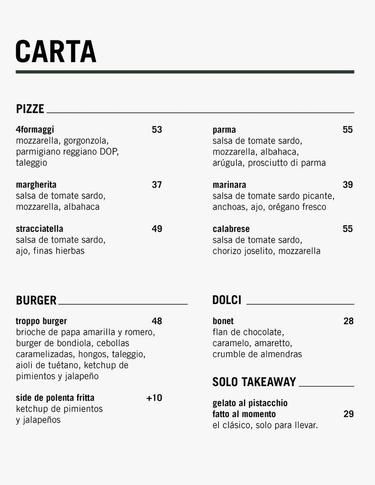 Carta de Troppo Restaurante, Lima