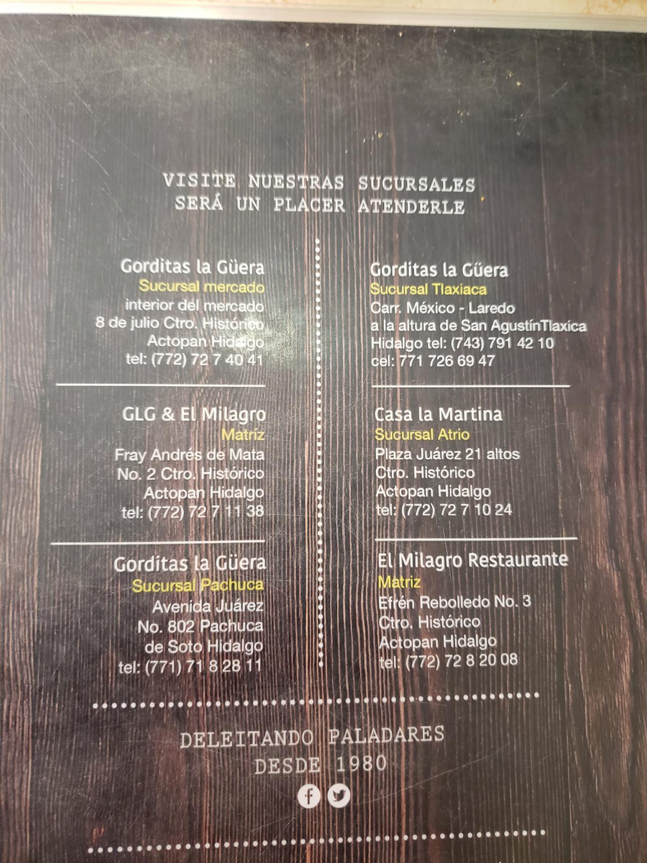 Menu at Gorditas La Güera restaurant, Pachuca, Av Benito Juárez 802