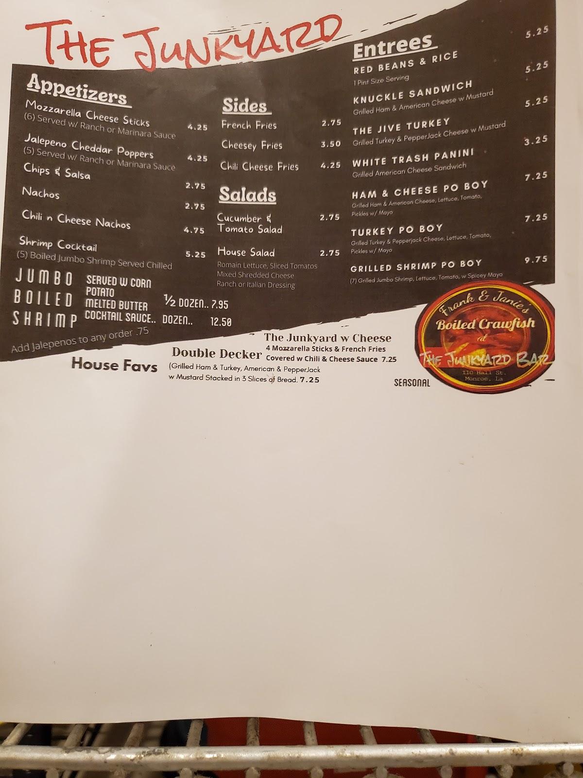 Menu at Junkyard Bar, Monroe