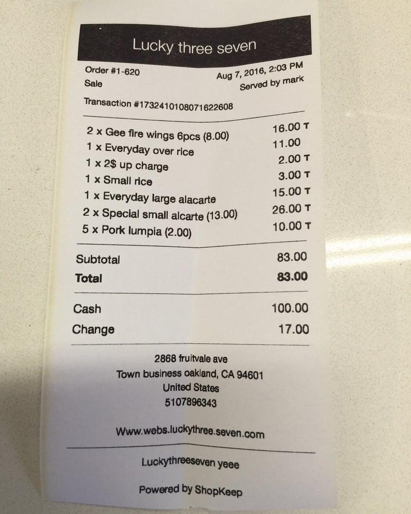 Menu at Lucky Three Seven restaurant, Oakland
