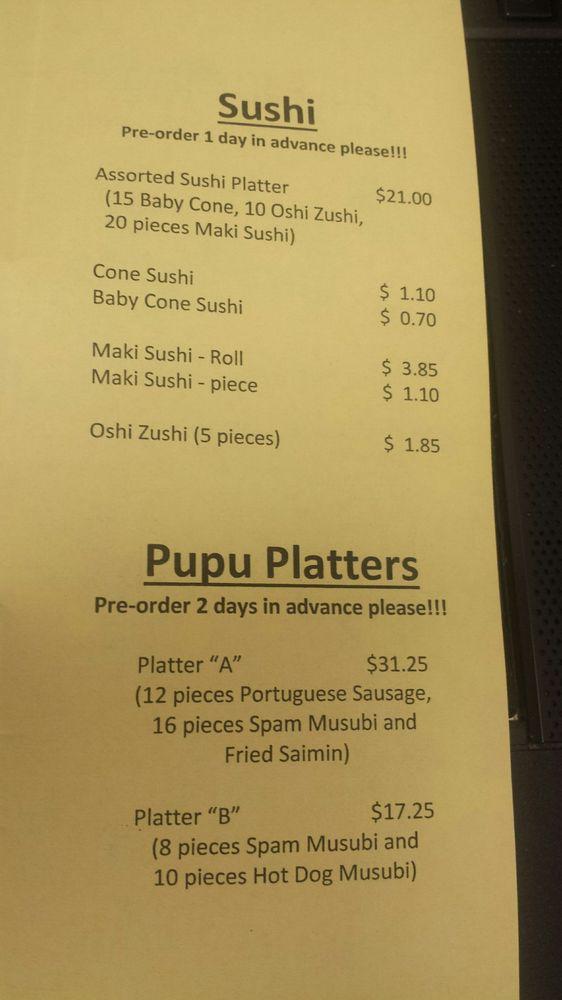 Menu at Mitsu-Ken fast food, Honolulu, N King St