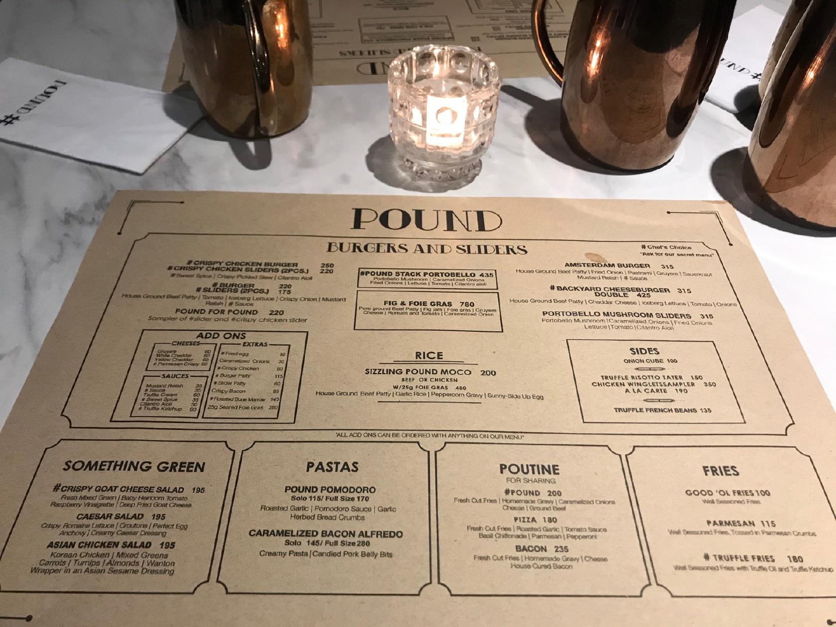 Menu at Pound by Todd English Robinsons Ermita restaurant, Manila