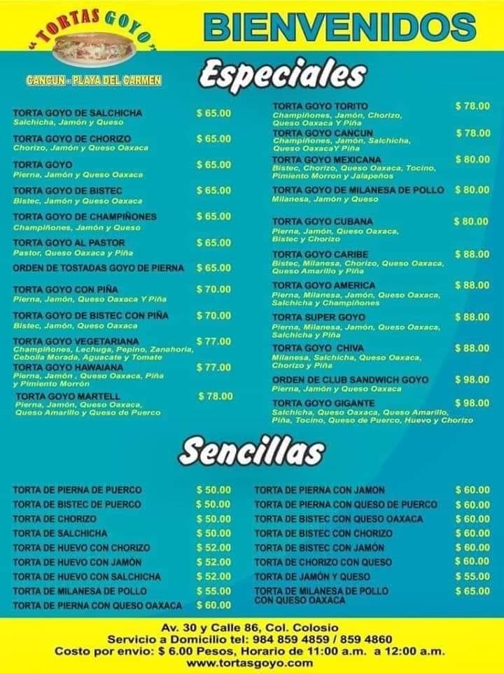 Menu at Tortas Goyo Playa del Carmen restaurant, Playa del Carmen