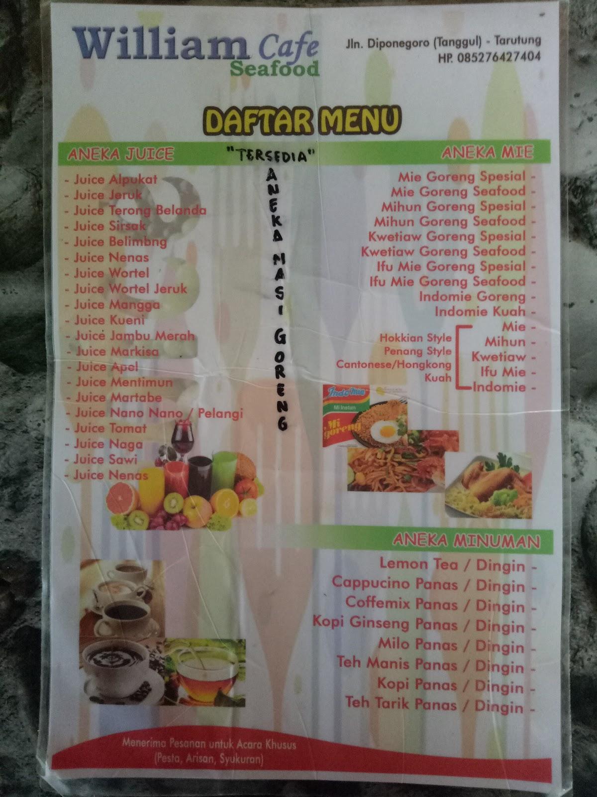 Carta de William Cafe & Seafood, Tarutung