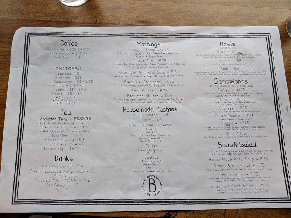 Menu at Beaumont Bakery & Cafe, Salt Lake City