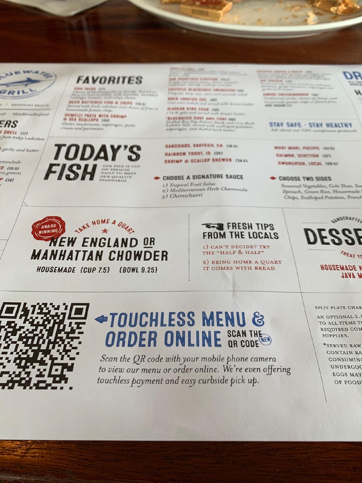 Menu at Bluewater Grill pub & bar, Redondo Beach