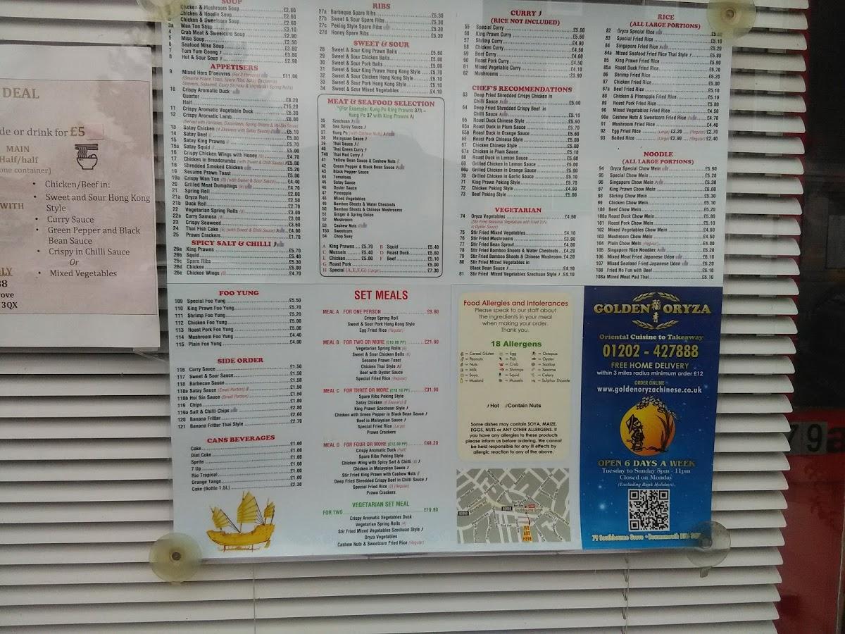Menu at GOLDEN ORYZA Chinese Southbourne fast food, Bournemouth