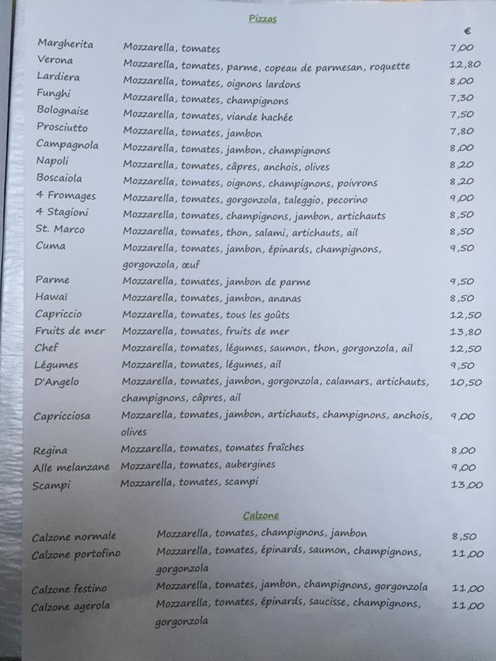 Menu au Il Festino, Charleroi