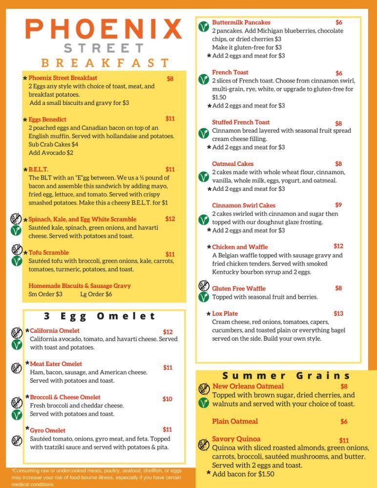 Menu at Phoenix Street Cafe, South Haven