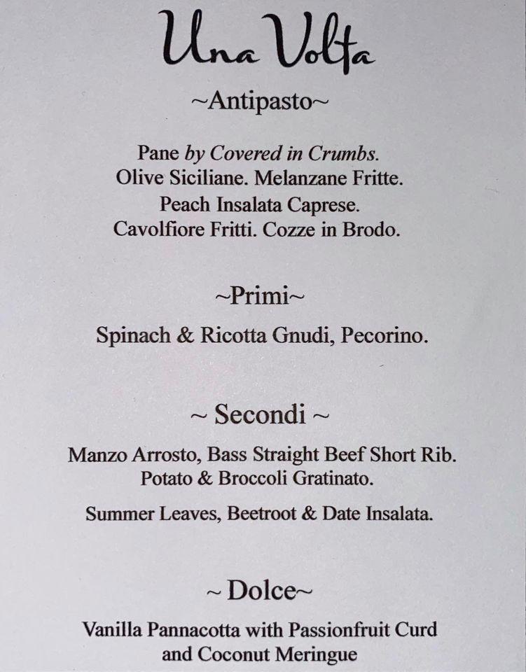 Menu at Una Volta restaurant, Newcastle