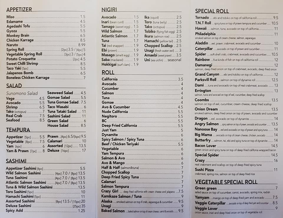 Menu at Dami Sushi restaurant, Nanaimo, 10-4890 Rutherford Rd