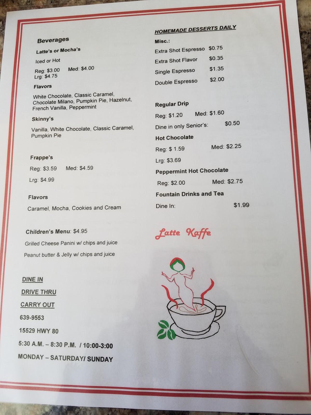 Menu at Latte Kaffe restaurant, Minden, US-80