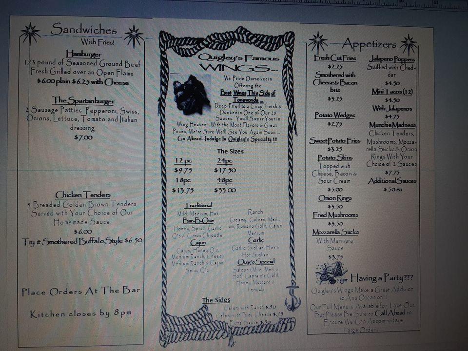 Menu at Quigley's Squarerigger Saloon pub & bar, Madison