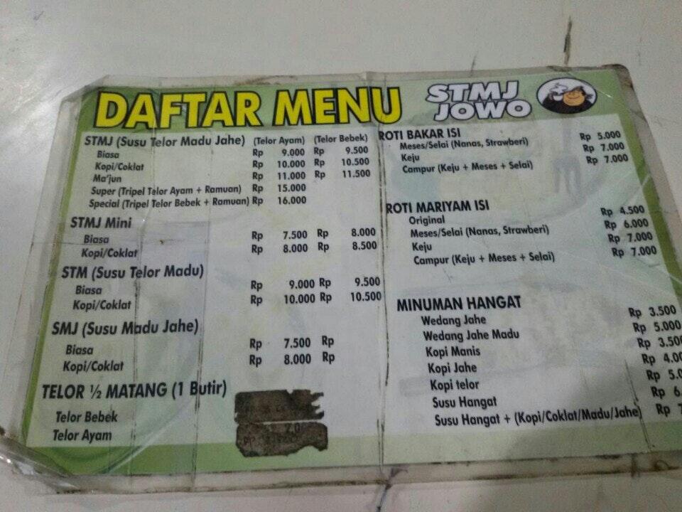 Menu at STMJ Jowo cafe, Malang
